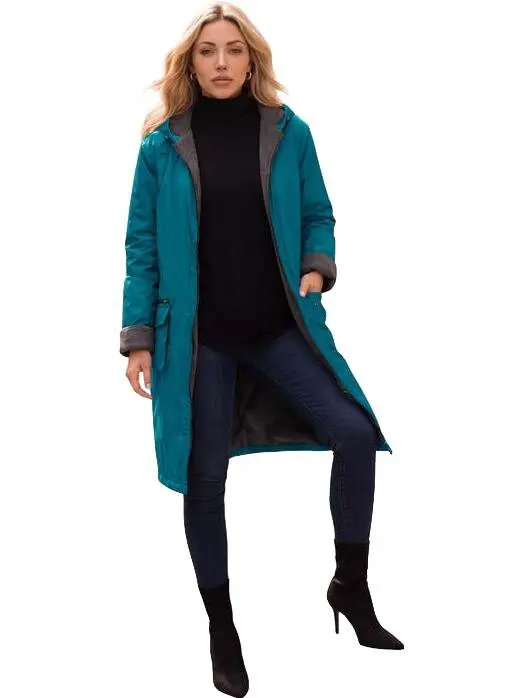 Roaman's Hooded Fleece-lined Nylon Jacket - Deep Teal