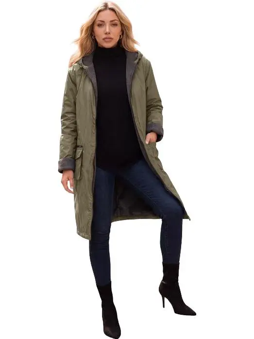 Roaman's Hooded Fleece-lined Nylon Jacket - Green Khaki