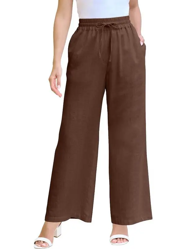 Roaman's Linen Wide Leg Pants With Drawstring Waist - Rich Brown