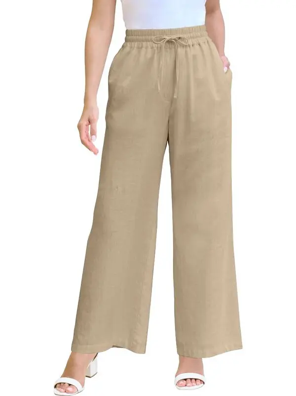 Roaman's Linen Wide Leg Pants With Drawstring Waist - Sandy Beige