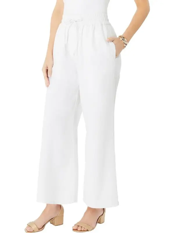 Roaman's Linen Wide Leg Pants With Drawstring Waist - White