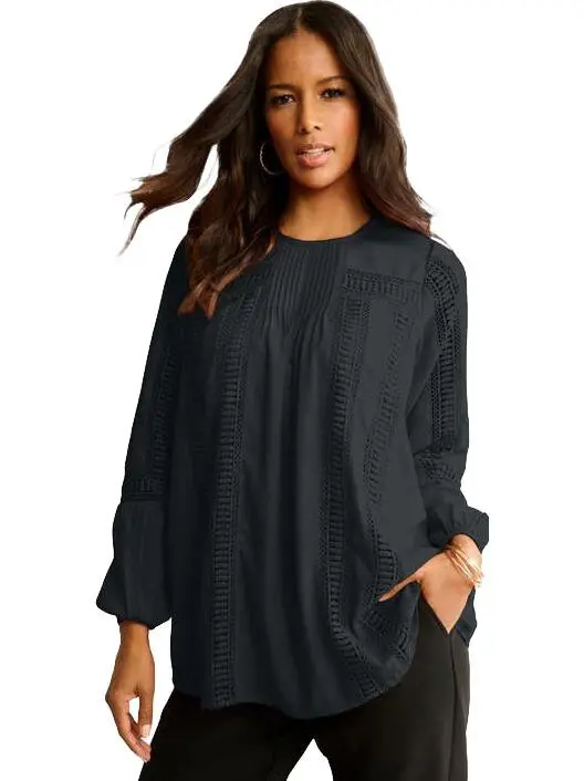 ROAMAN'S Lace-trim Blouson-sleeve Top - Black