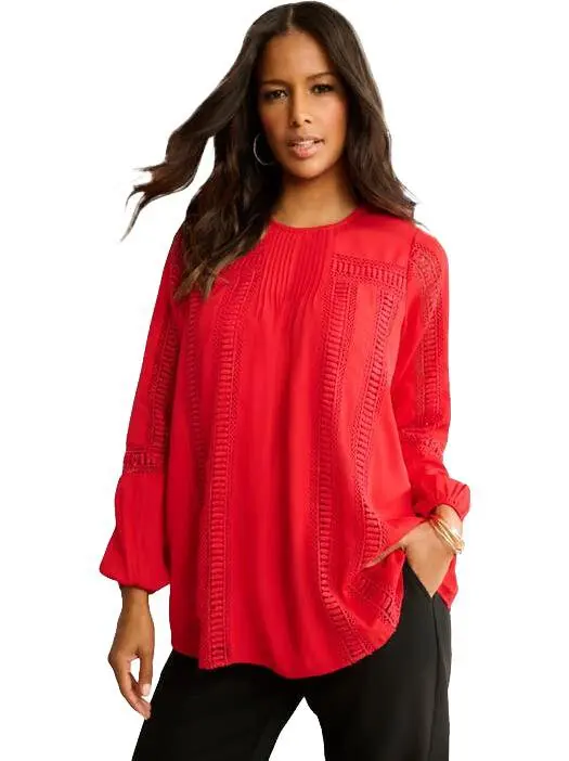 ROAMAN'S Lace-trim Blouson-sleeve Top - Vivid Red