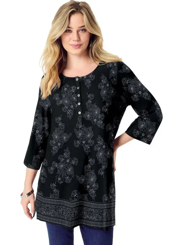 ROAMAN'S Henley Ultra Drape Tunic - Black Bouquet Border
