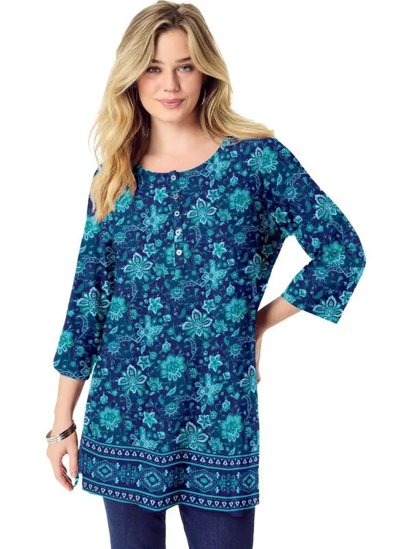 ROAMAN'S Henley Ultra Drape Tunic - Navy Floral Border