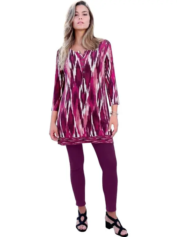 Roaman's Henley Ultra Drape Tunic With 3/4 Sleeves - Raspberry Ikat Diamonds