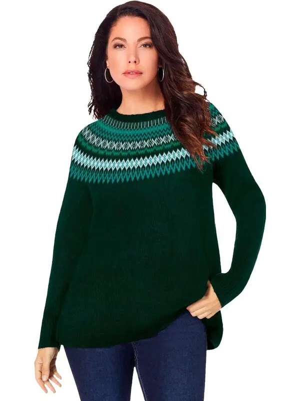 Roaman's Fair Isle Pullover Sweater - Green