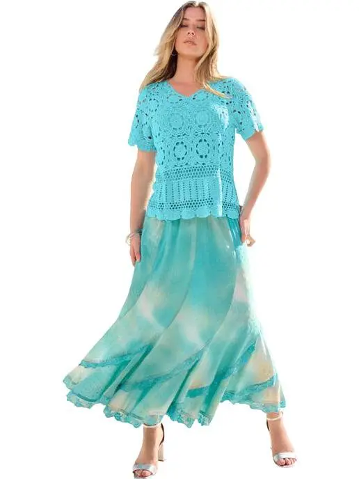 Roaman's Medallion Pattern French Crochet Sweater Top With Scalloped Edges - Light Aqua