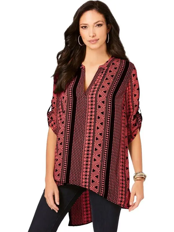 ROAMAN'S Geometric Print Tunic - Sunset Coral Geo