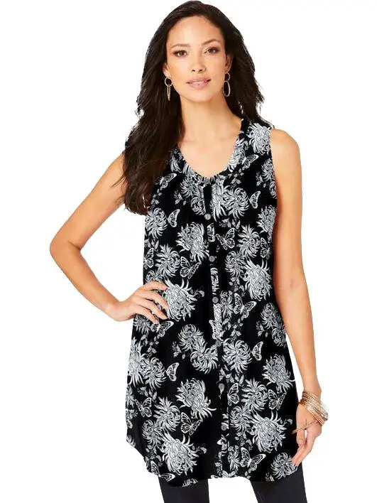 ROAMAN'S Sleeveless Crinkle Crepe Angelina Tunic With Shirring Detail - Black Chrysanthemum Print