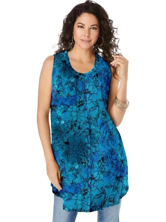 ROAMAN'S Sleeveless Crinkle Crepe Angelina Tunic With Shirring Detail - Deep Turquoise Tie Dye Floral