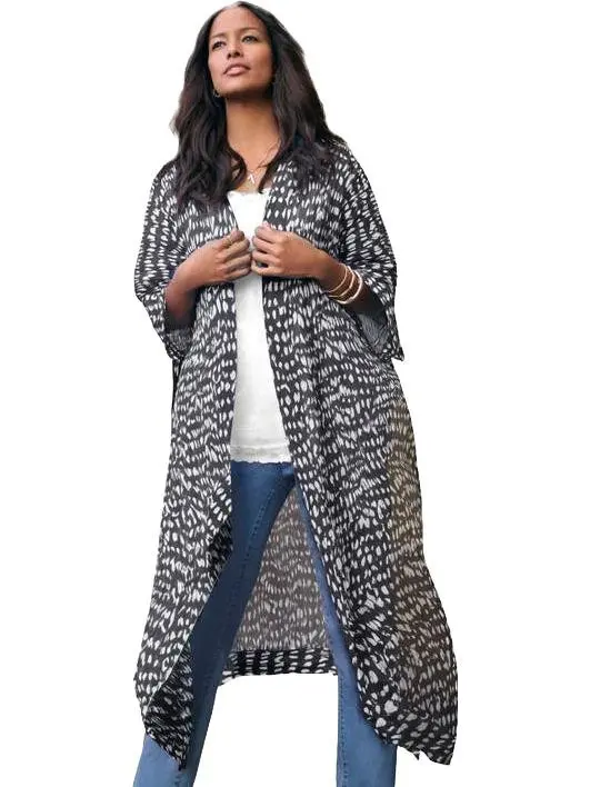 ROAMAN'S Flowy Chiffon Duster With Printed Body And Solid Border - Black Ikat Texture
