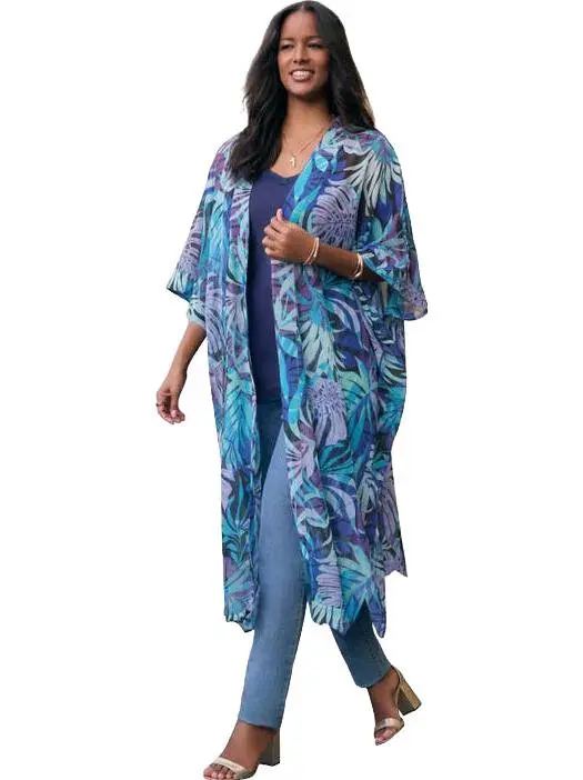 ROAMAN'S Flowy Chiffon Duster With Printed Body And Solid Border - Black Multi Tropical Leaves