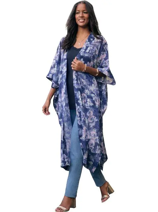 ROAMAN'S Flowy Chiffon Duster With Printed Body And Solid Border - Navy Spray Floral