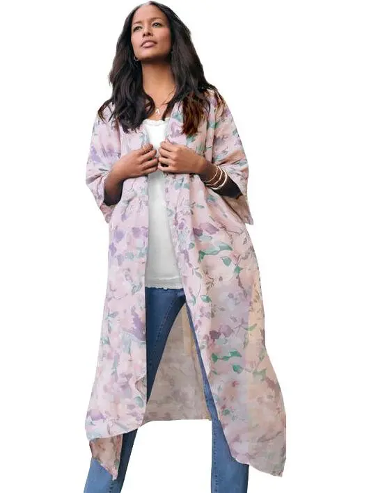 ROAMAN'S Flowy Chiffon Duster With Printed Body And Solid Border - Soft Blush Watercolor