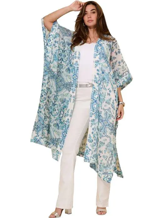 ROAMAN'S Flowy Chiffon Duster With Printed Body And Solid Border - White Turquoise Stencil Floral