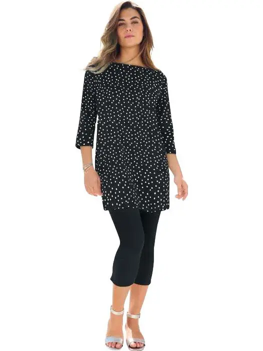ROAMAN'S Cotton Boatneck Tunic With Side Slits - Black Painted Dot