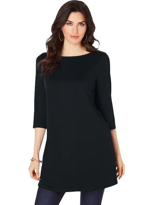 Roaman's Cotton Ultimate Boatneck Tunic With Side Slits - Black
