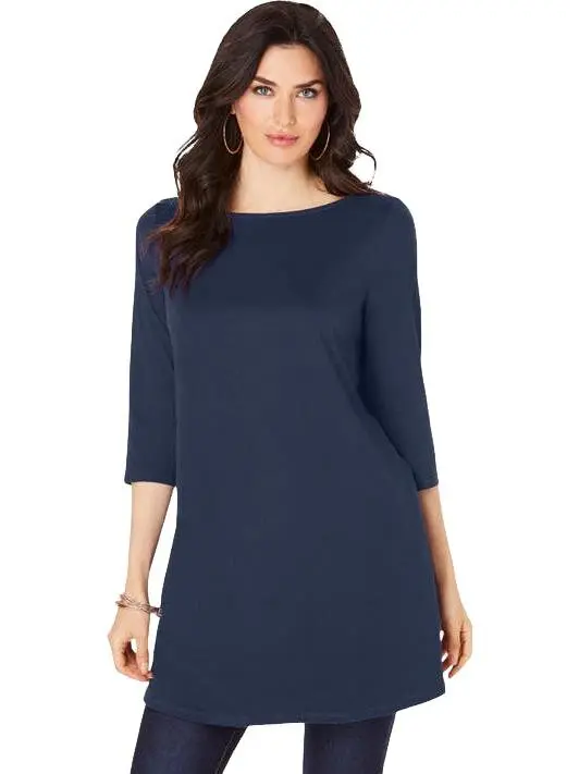 Roaman's Cotton Ultimate Boatneck Tunic With Side Slits - Navy