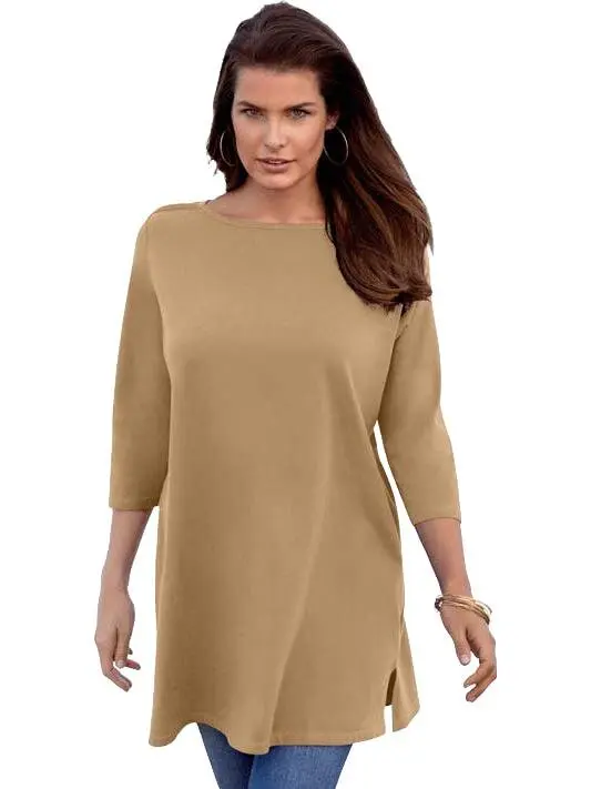 Roaman's Cotton Ultimate Boatneck Tunic With Side Slits - Soft Camel