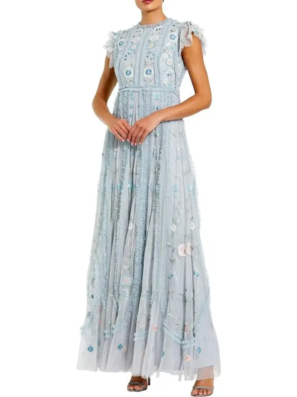 Mac Duggal Floral Embroidered Flutter Sleeve Gown - Powder Blue