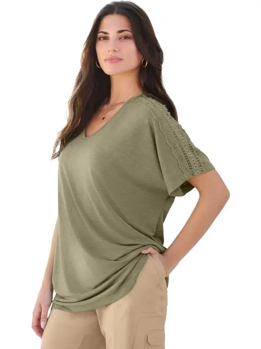 ROAMAN'S Lace-trimmed Textured T-shirt - Green Khaki