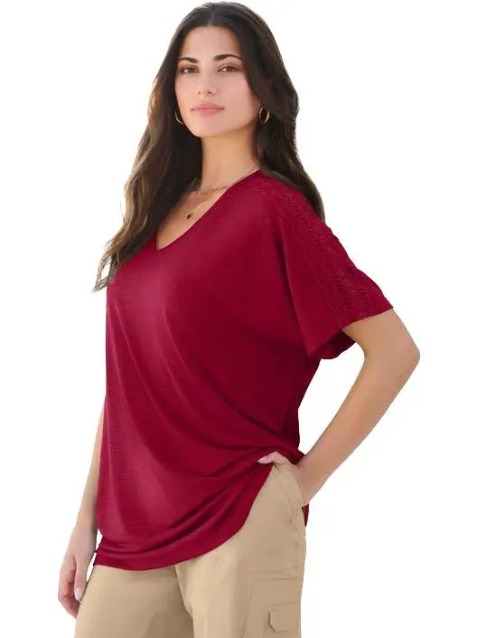 ROAMAN'S Lace-trimmed Textured T-shirt - Rich Burgundy