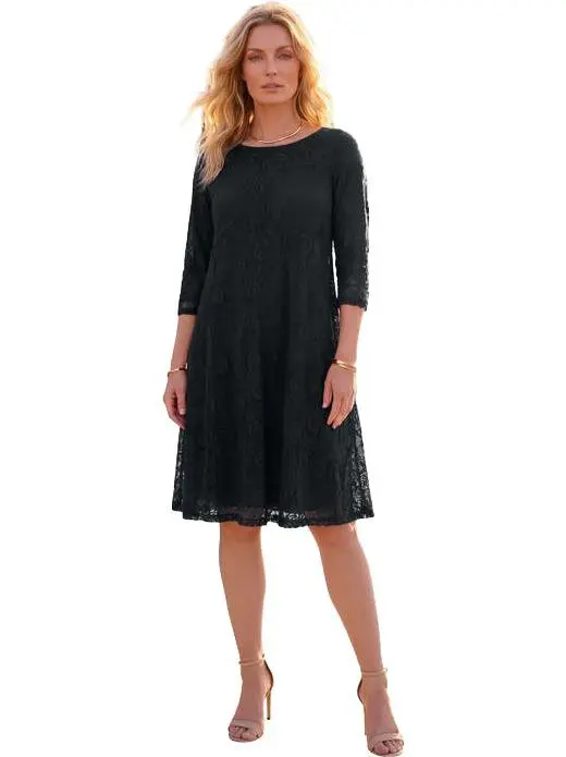 ROAMAN'S Plus-size 3/4 Sleeve Boatneck Lace Swing Dress - Black