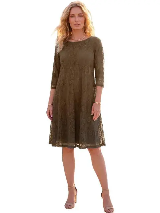 Roaman's 3/4 Sleeve Boatneck Lace Swing Dress - Brown