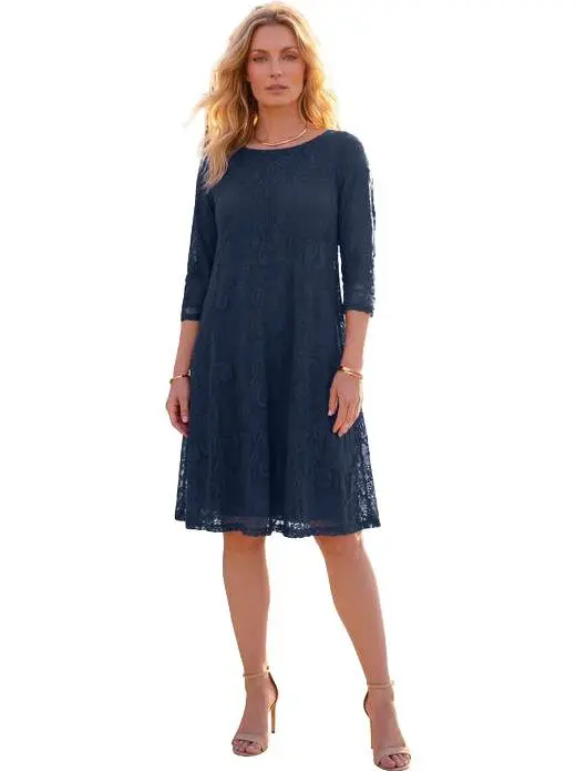 ROAMAN'S Plus-size 3/4 Sleeve Boatneck Lace Swing Dress - Navy