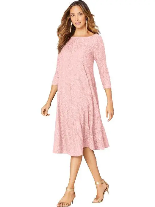 Roaman's 3/4 Sleeve Boatneck Lace Swing Dress - Soft Blush