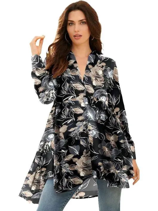 ROAMAN'S Hand Crinkled Fit And Flare Tunic - Black Painterly Roses