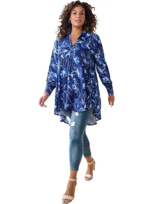 ROAMAN'S Hand Crinkled Fit And Flare Tunic - Navy Painterly Roses