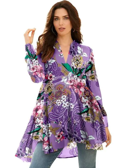 ROAMAN'S Hand Crinkled Fit And Flare Tunic - Violet Paisley Garden