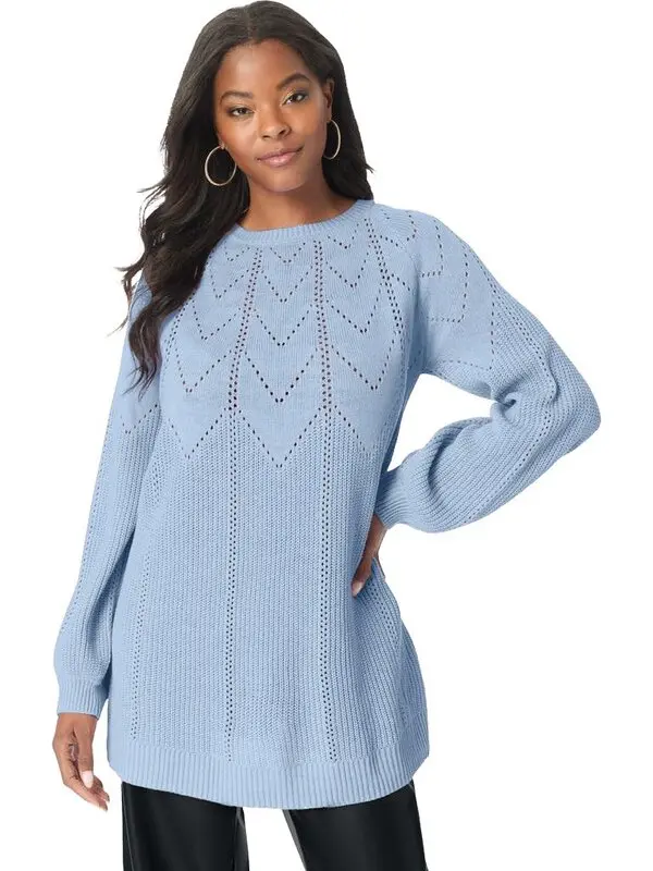 Roaman's Pointelle Yoke Crewneck Sweater - Pale Blue