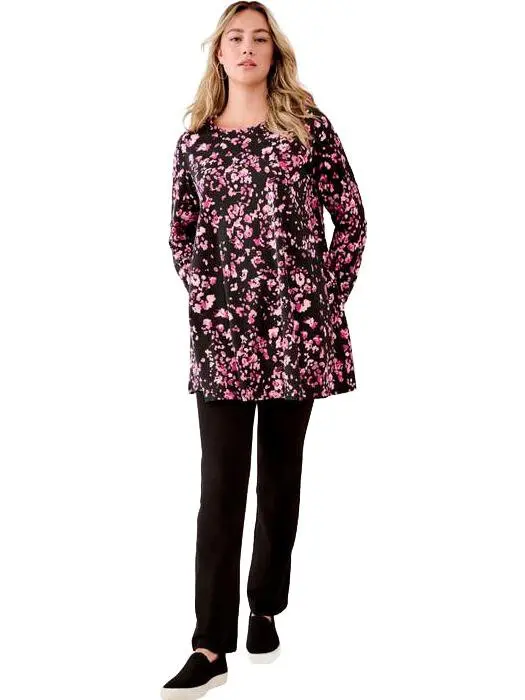 ROAMAN'S Ultimate Long Sleeve Crewneck Swing Tunic - Black Abstract Ditsy