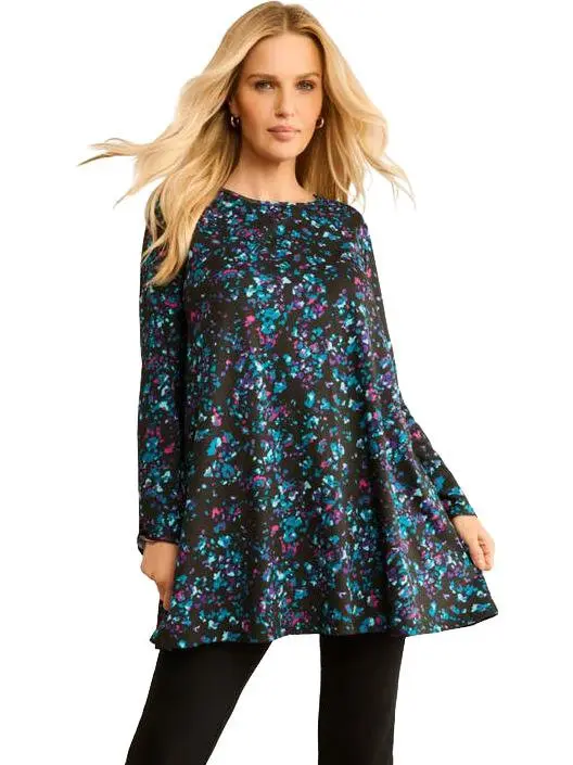 ROAMAN'S Ultimate Long Sleeve Crewneck Swing Tunic - Teal Watercolor Ditsy