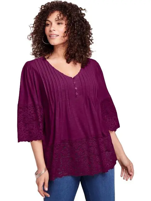 ROAMAN'S Lace-hem Pintuck Tunic - Dark Berry