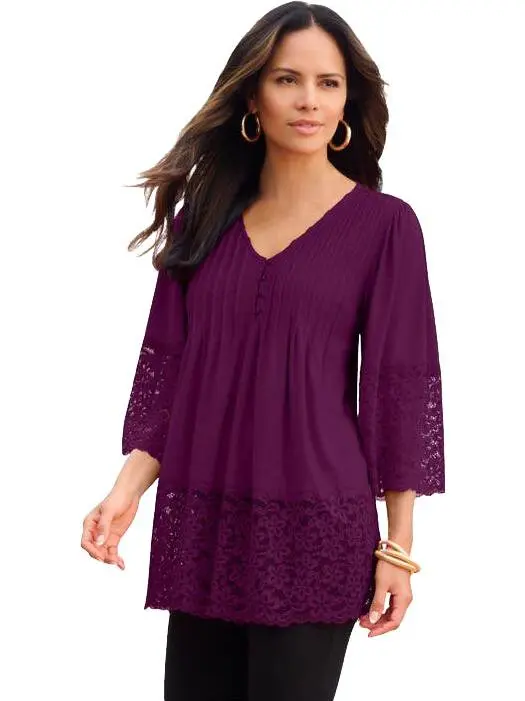 Roaman's Lace Hem Pintuck Tunic With Pearlized Buttons - Dark Berry