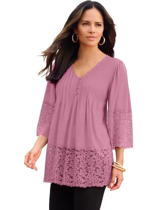 ROAMAN'S Lace-hem Pintuck Tunic - Pink Blossom