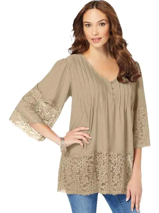 ROAMAN'S Lace-hem Pintuck Tunic - Sandy Beige