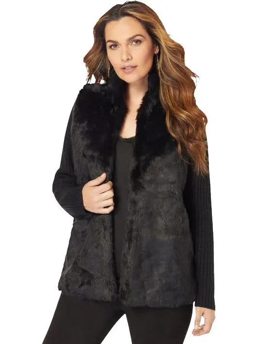 Roaman's Faux Fur Trim Cardigan Sweater - Black