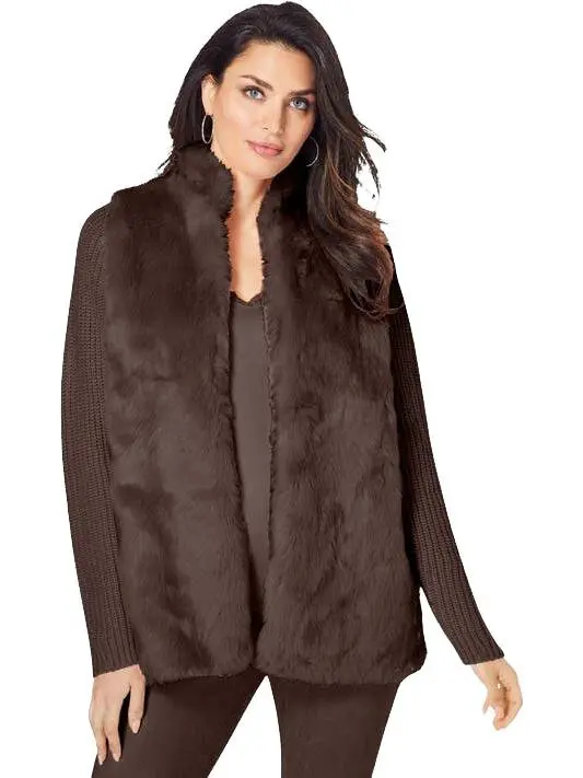 Roaman's Faux Fur Trim Cardigan Sweater - Chocolate