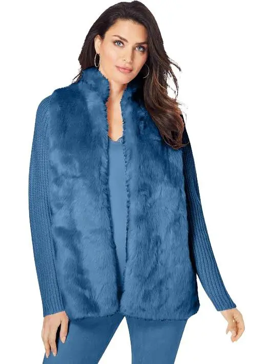 ROAMAN'S Faux Fur Cardigan Sweater - Dusty Indigo
