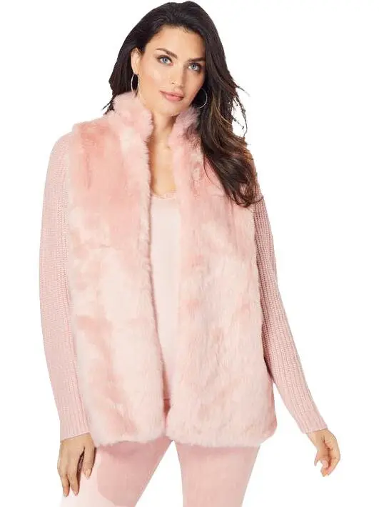 Roaman's Faux Fur Trim Cardigan Sweater - Soft Blush