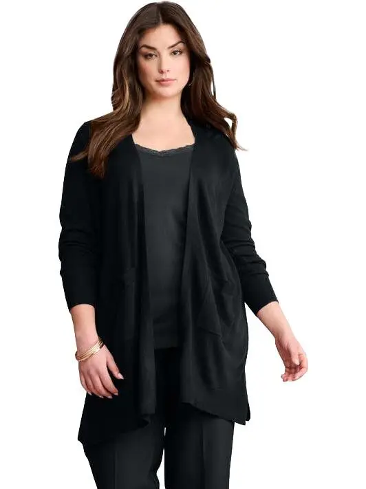 ROAMAN'S Fine Gauge Open Front Cardigan - Black