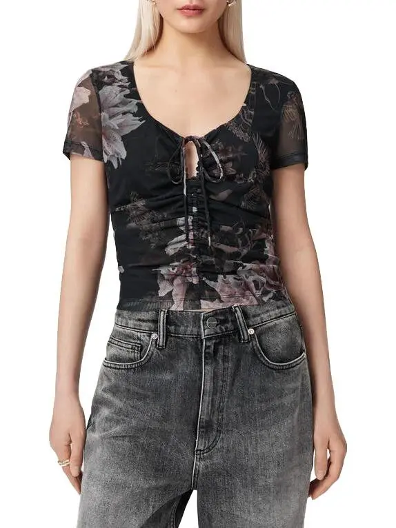 ALLSAINTS Gabby Floral Print Mesh Top - Crystal Black