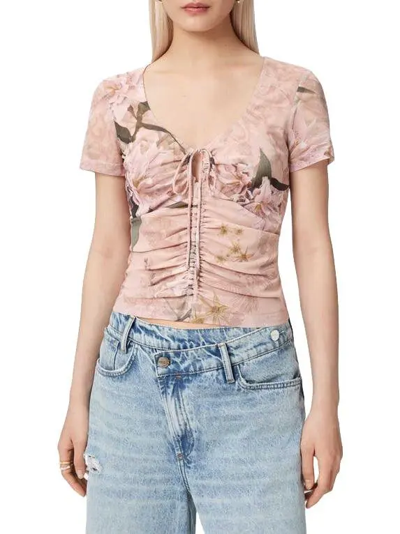ALLSAINTS Gabby Floral Print Mesh Top - Crystal Pink