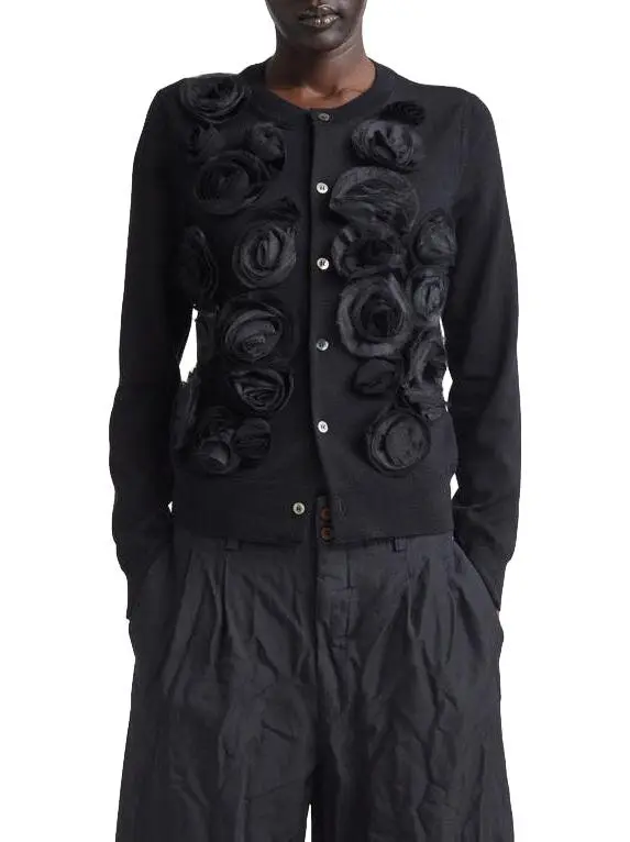 Comme Des Garçons Rosette Appliqué Wool Cardigan - Black