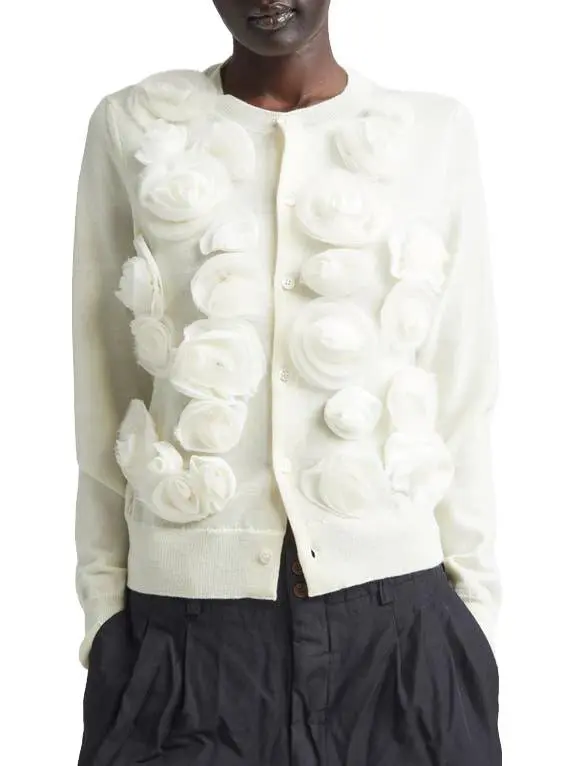 Comme Des Garçons Rosette Appliqué Wool Cardigan - Off White